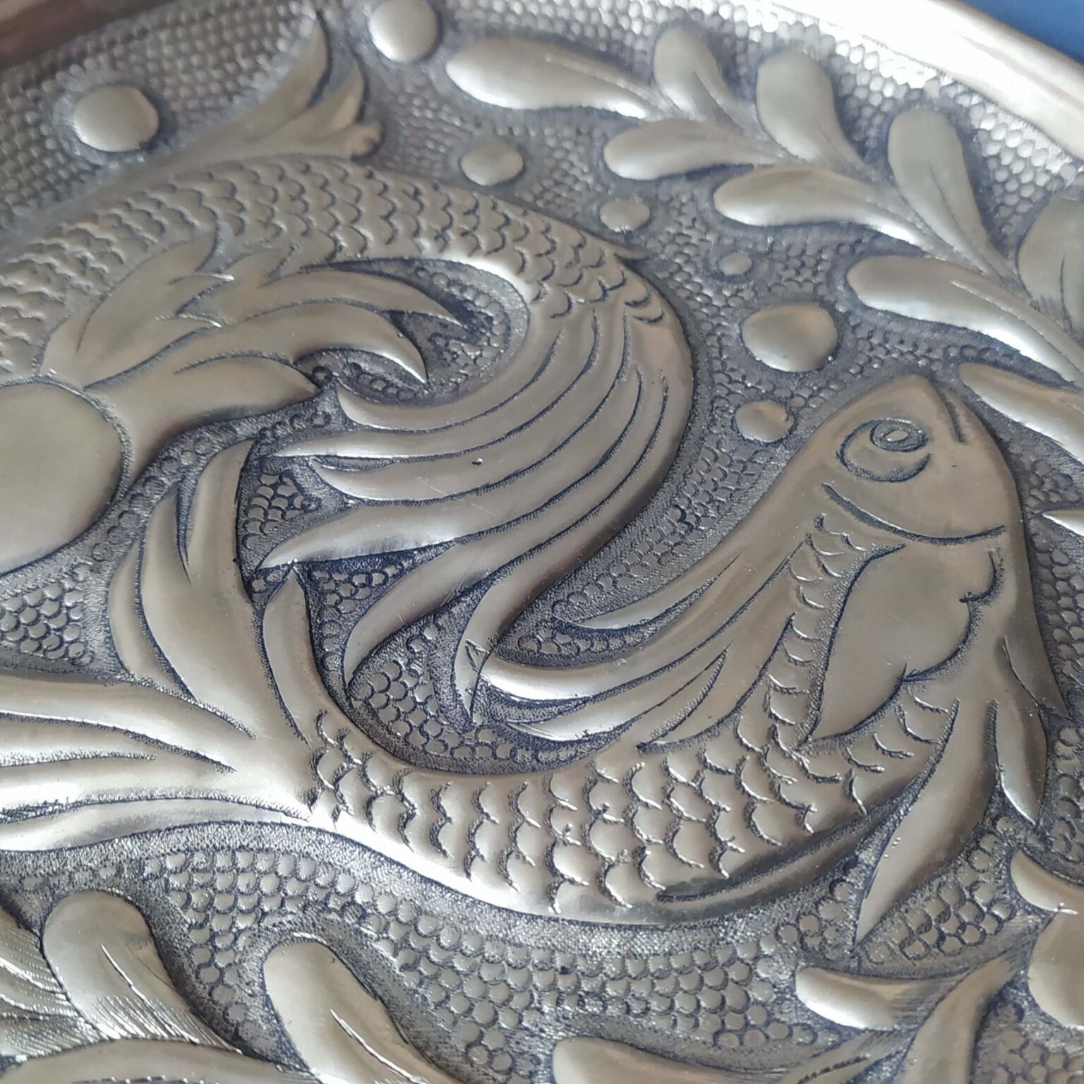 Decorative Brass Tray Persian Hand-Engraved Ghalamzani Artwork Fish ...
