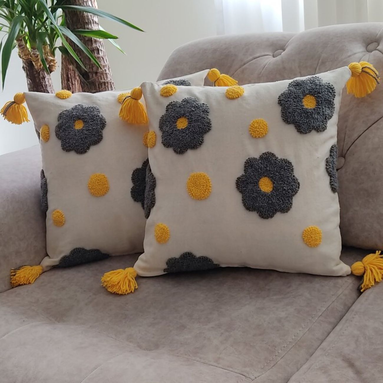 Punch Needle Cushion Cover - Embroidered Floral Cream Design (Set of 2 ...