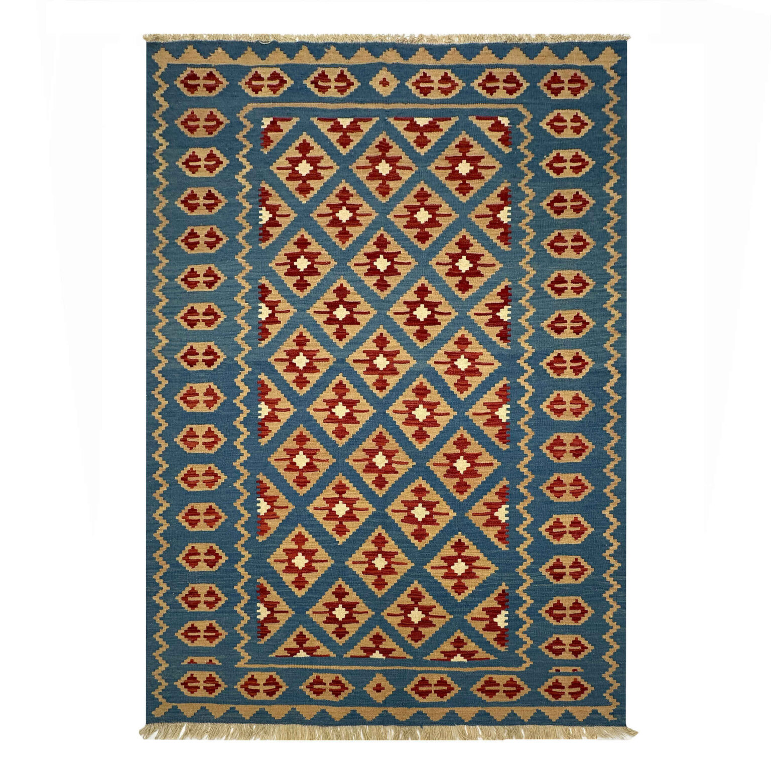 Persian Wool Kilim Rug Handwoven with Striped Blue - ShopiPersia