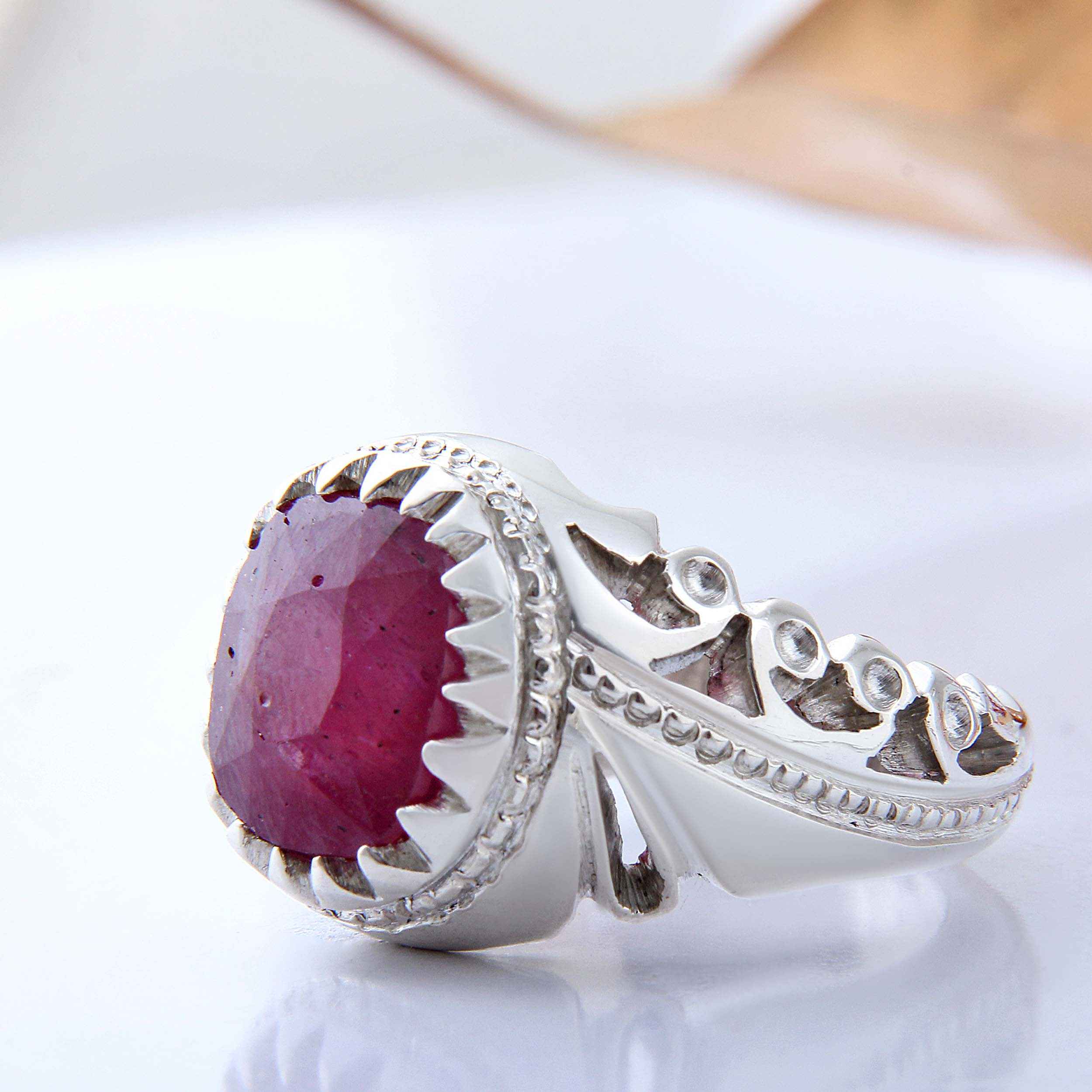 Persian Red Ruby Silver Ring Elegance for Men Handcrafted - ShopiPersia