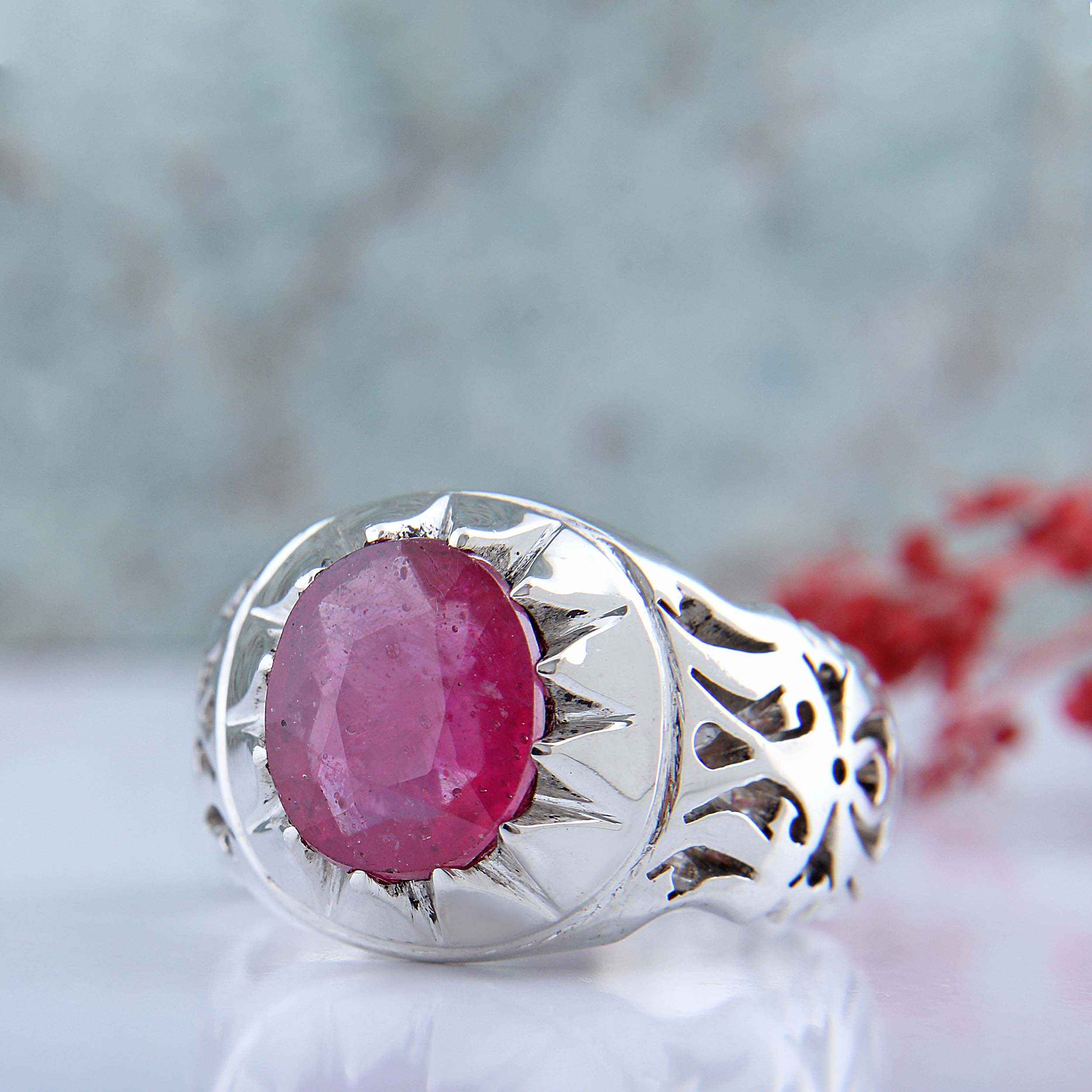 Red Ruby Silver Ring Elegance for Men Handcrafted - ShopiPersia