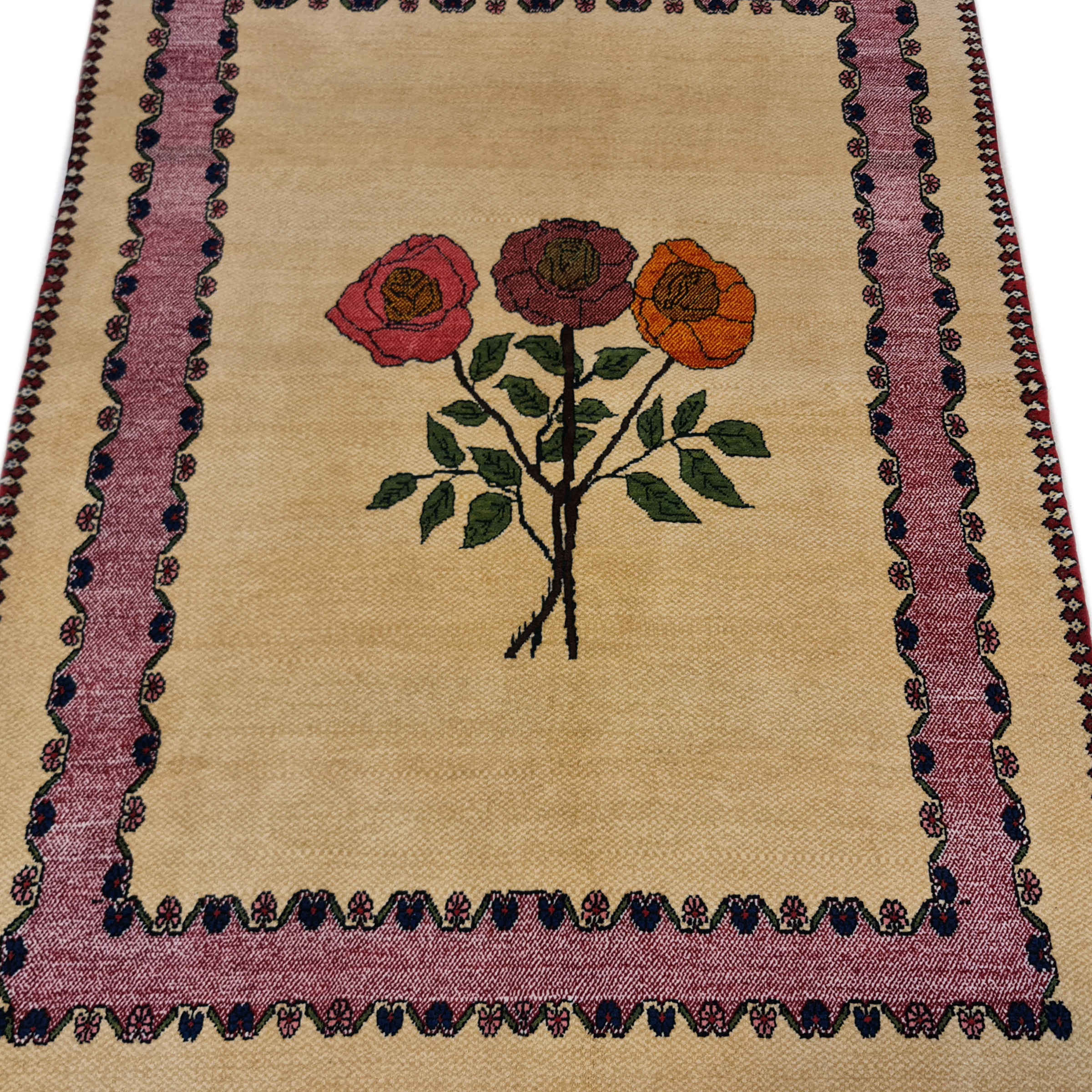 Genuine Persian Wool Carpet Hand-Knotted Rose Flowers Light Brown ...