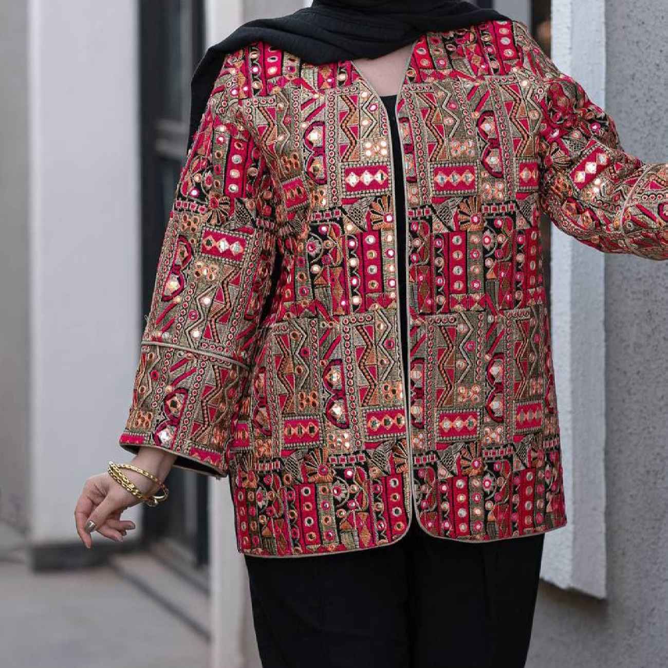 Persian Embroidered Manto with Geometric Design for Women - ShopiPersia