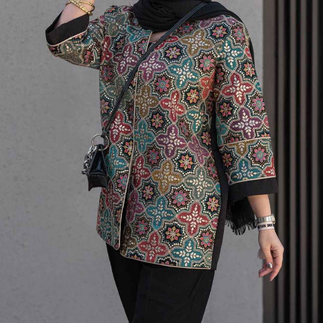 Persian Embroidered Manto with Geometric Design for Women - ShopiPersia