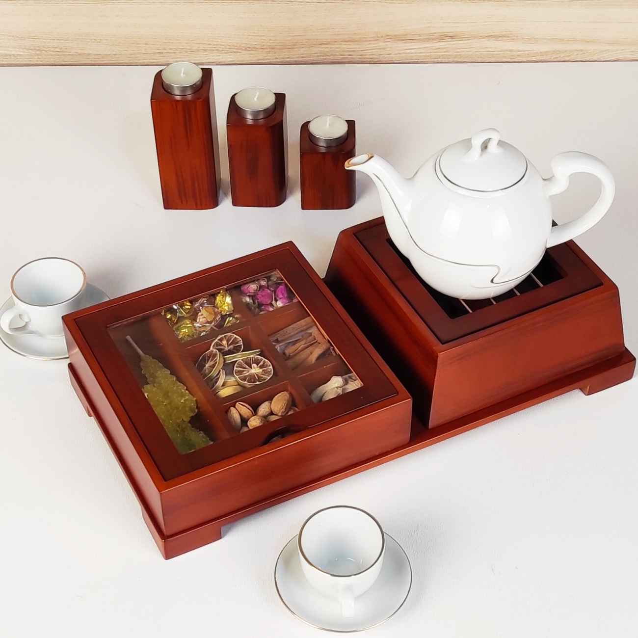 Wooden Tea Bag Organizer Box with Warmer - ShopiPersia