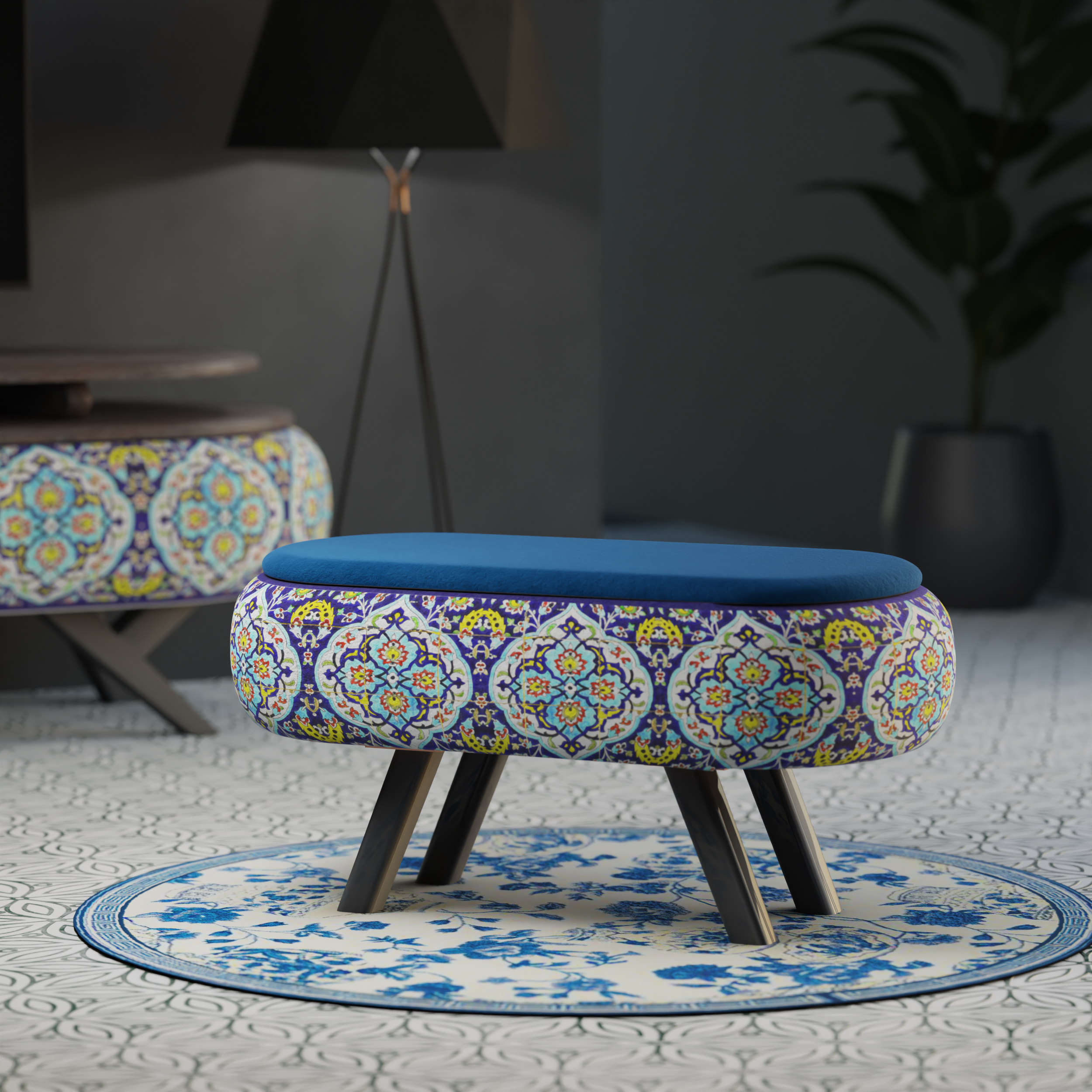 Traditional Persian Footstool with Wooden Legs & Floral Design ...