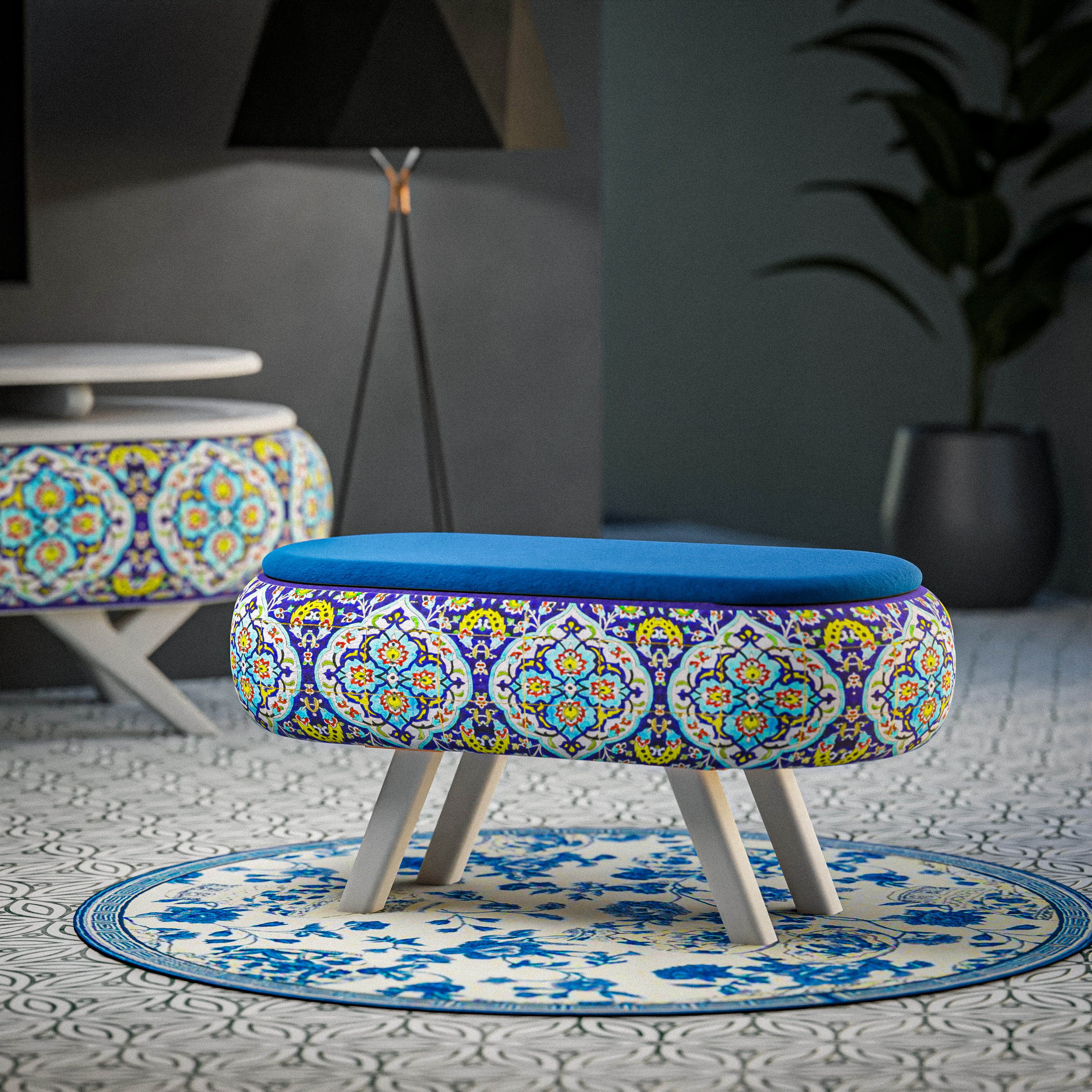 Traditional Persian Footstool with Wooden Legs & Floral Design ...