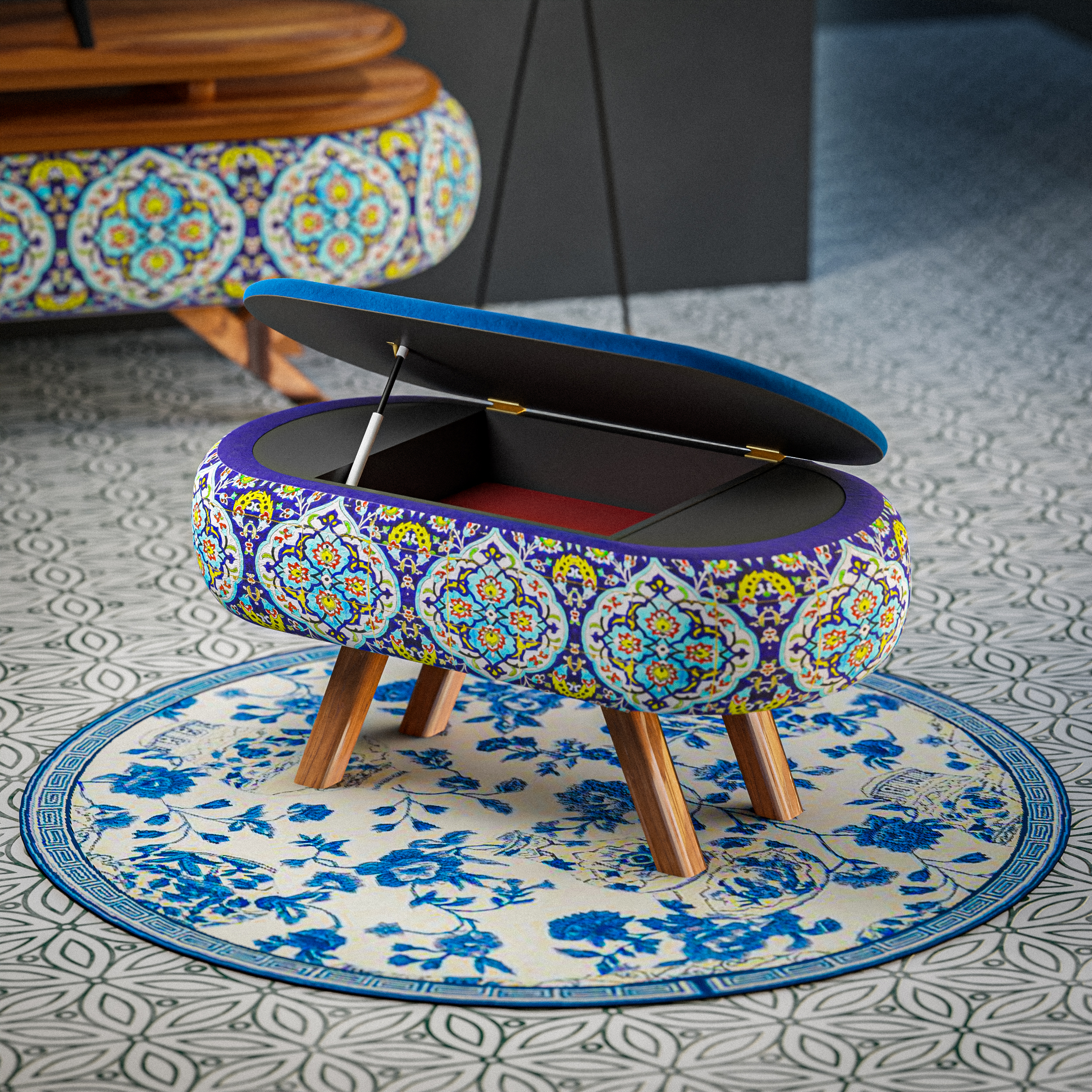 Traditional Persian Footstool with Wooden Legs & Floral Design ...