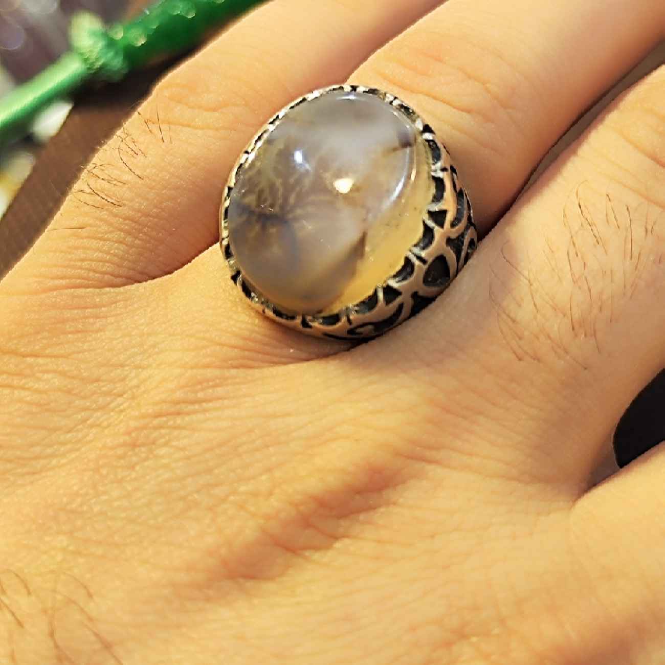 Persian Men's Silver Ring with Agate Stone Model Shajar - ShopiPersia