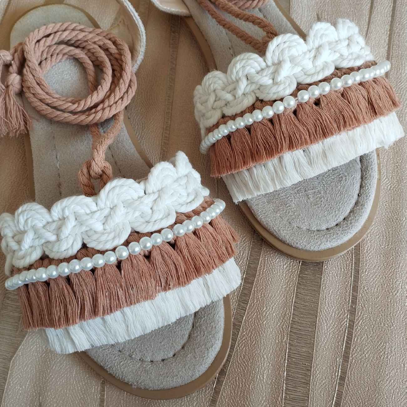 Strapped Macrame Sandal - Boho Style with Pearl Design - ShopiPersia