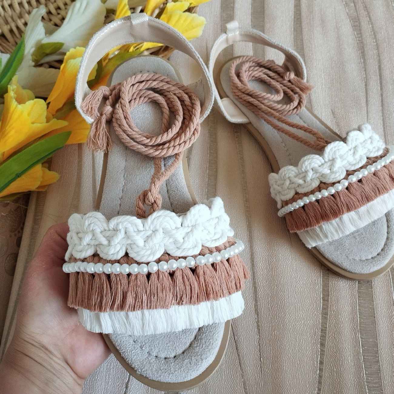 Strapped Macrame Sandal - Boho Style with Pearl Design - ShopiPersia