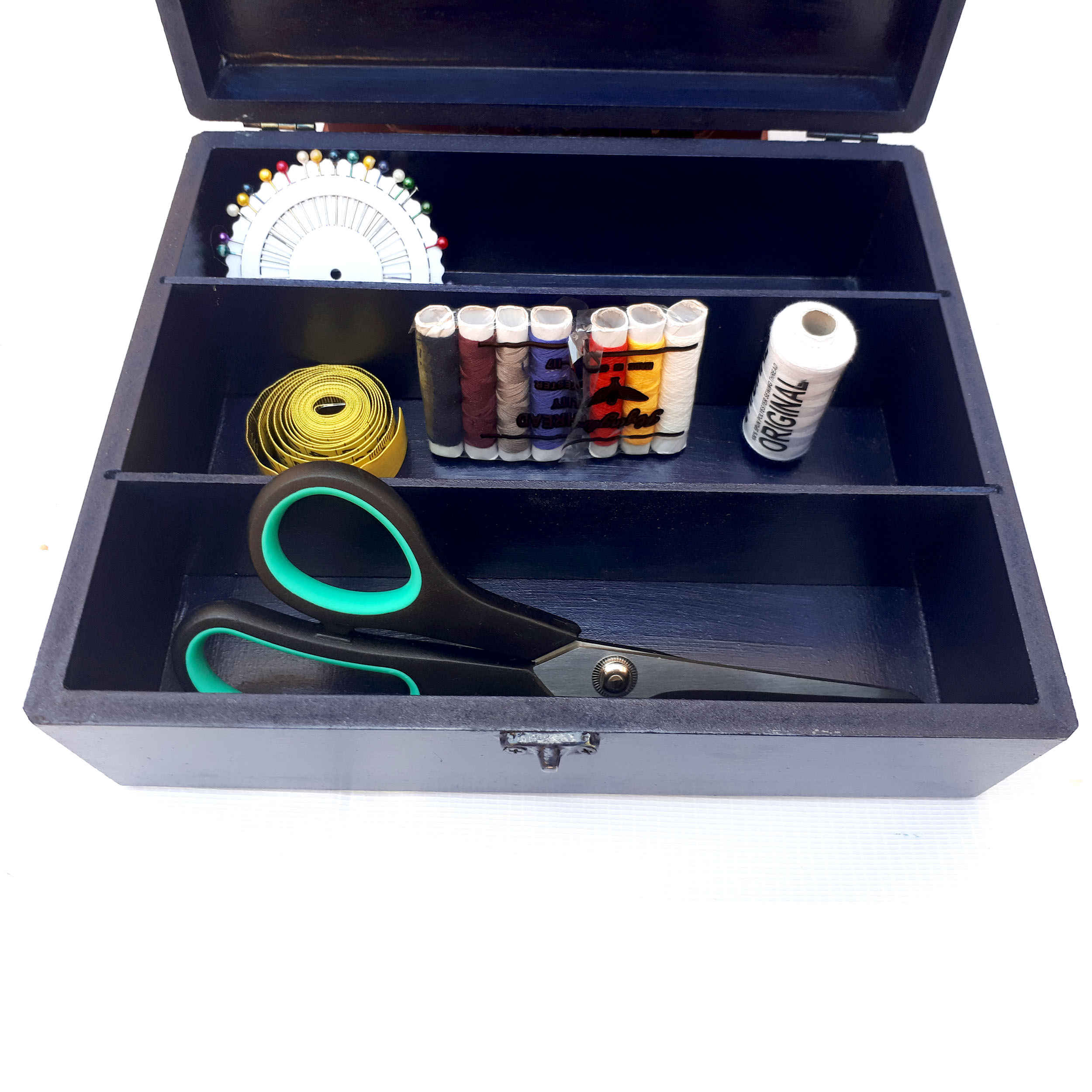 Wooden Sewing Supplies Box in Navy Blue - Perfect for Crafting ...