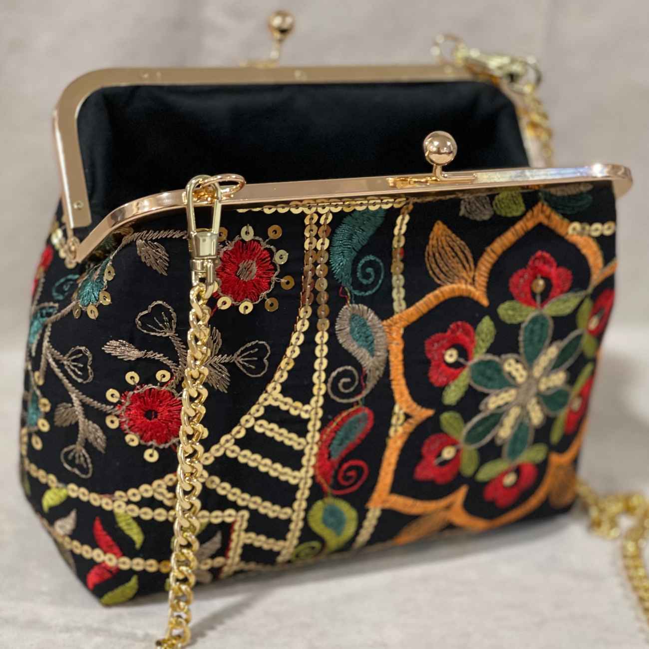 Embroidered Velvet Clutch Formal Handbag with Flower & Leaf Design ...