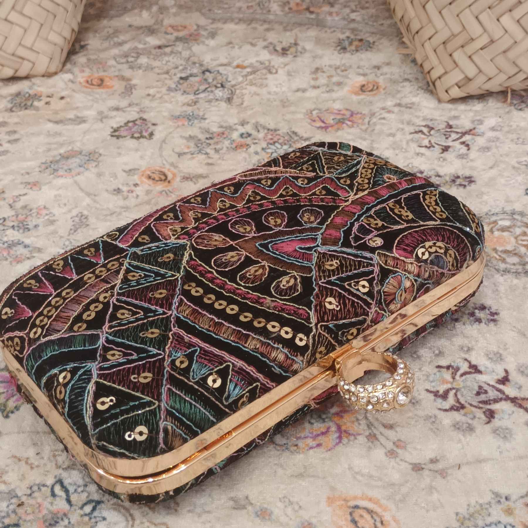 Embroidered Velvet Clutch Formal Handbag with Geometric Design ...
