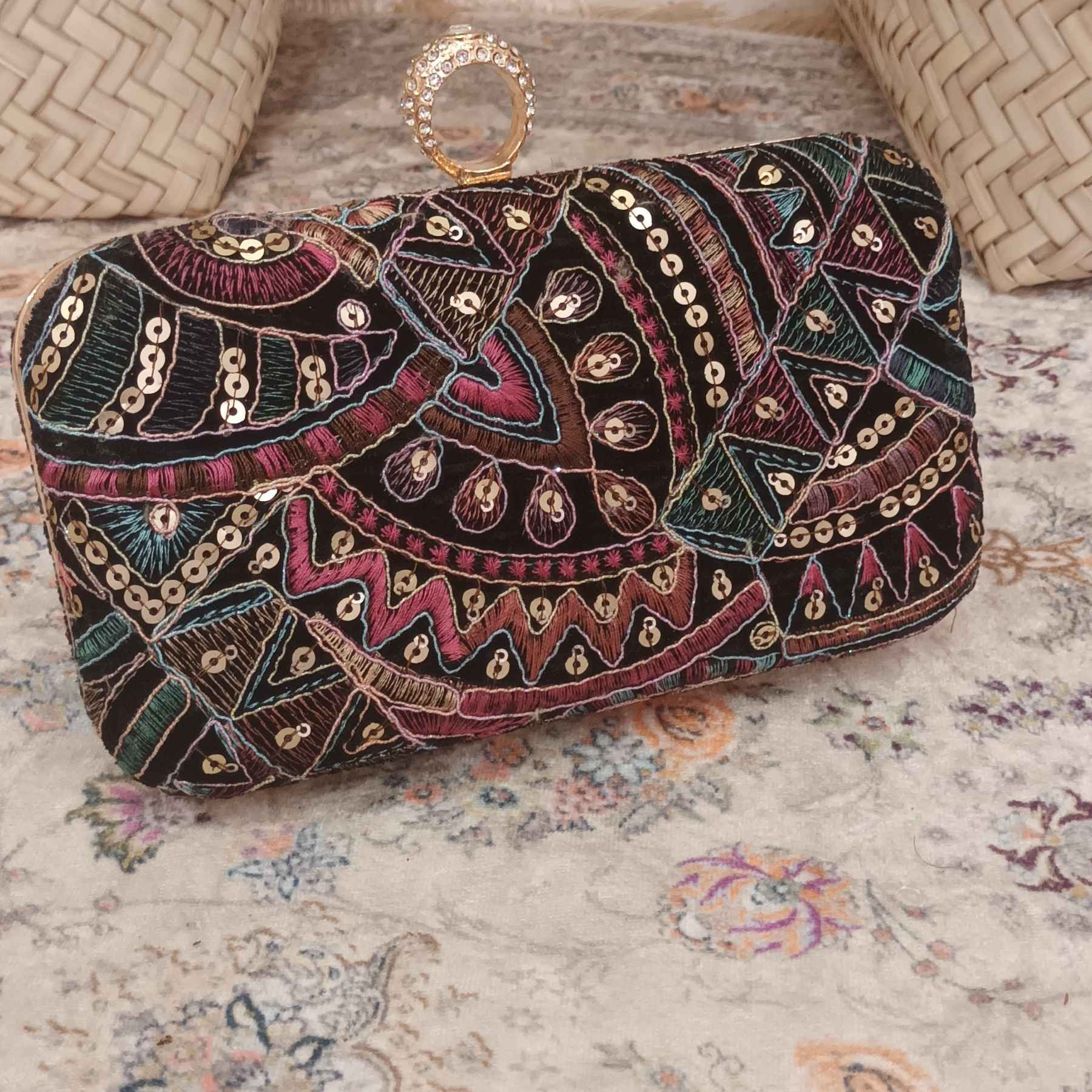 Embroidered Velvet Clutch Formal Handbag with Geometric Design ...