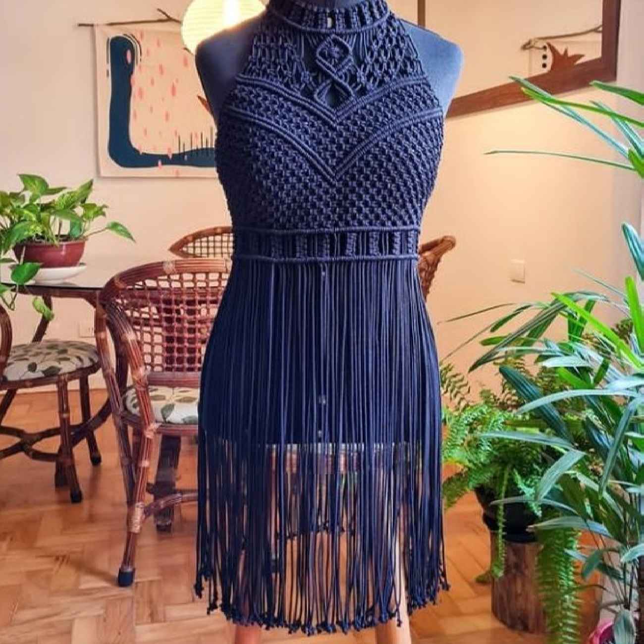 Handcrafted Bohemian Macrame Dress – Perfect for Beachside Walk in Navy ...