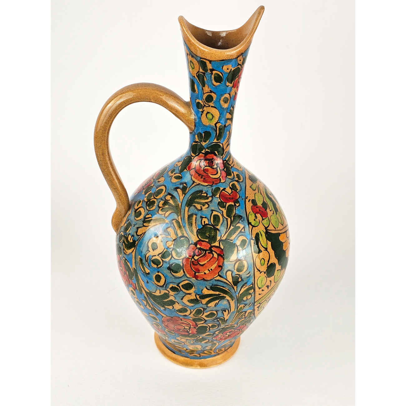 Pottery Pitcher and Glass Set with Bird & Flower Design in Turquoise ...