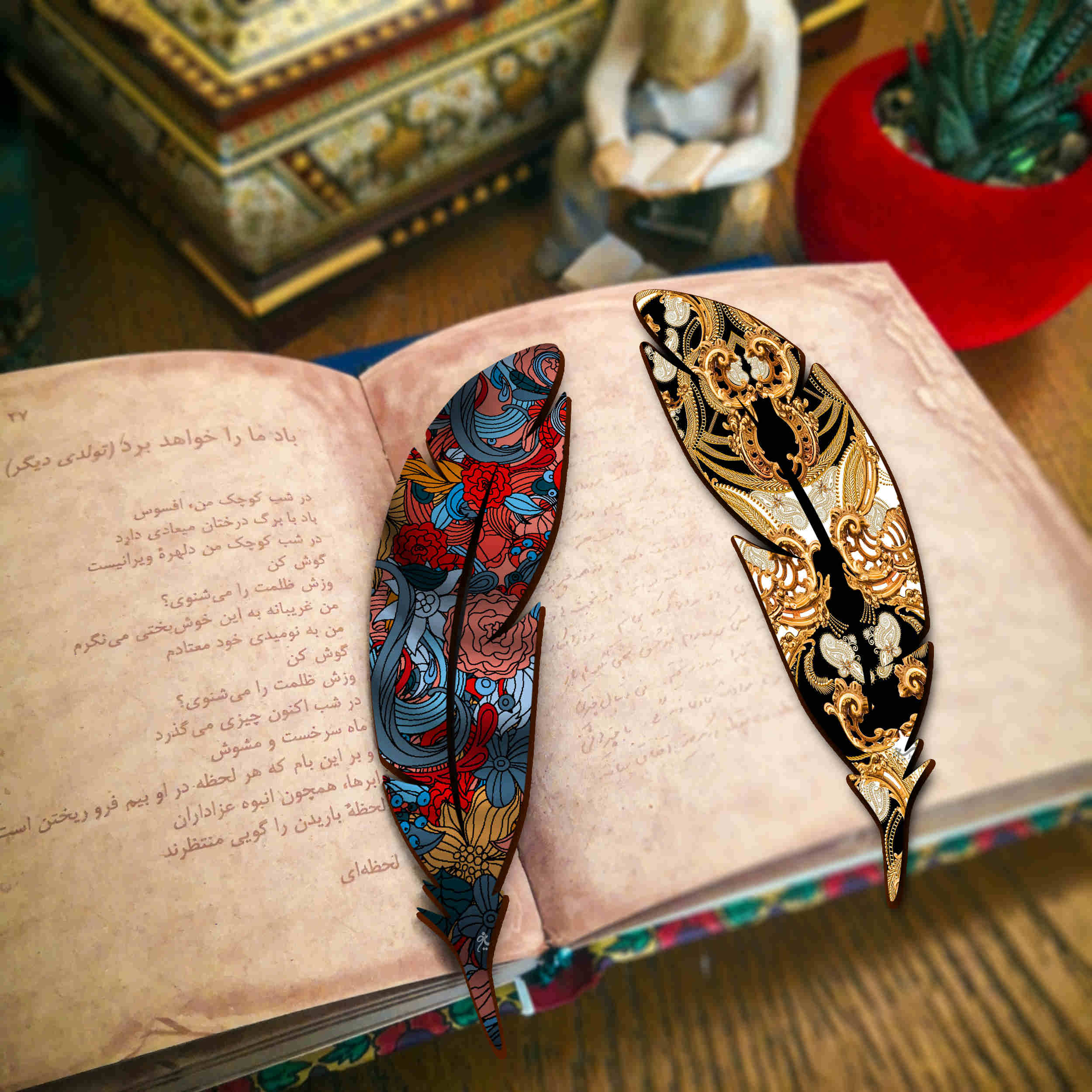 Artistic Persian Inspired Wooden Bookmark with Floral Design - Set of 2 ...
