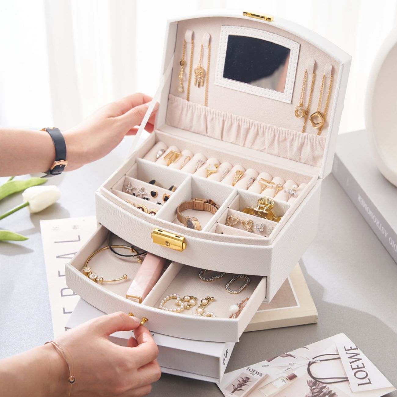 Jewelry Box with Multi-Tier Storage wih Mirror and Lock for Organized ...