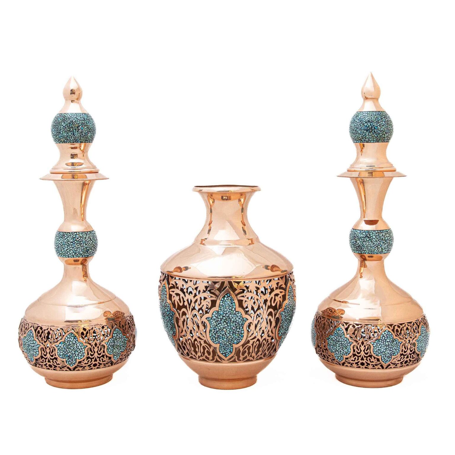 Persian Copper Mirror Frame & Candlesticks Set – Turquoise Inlay ...