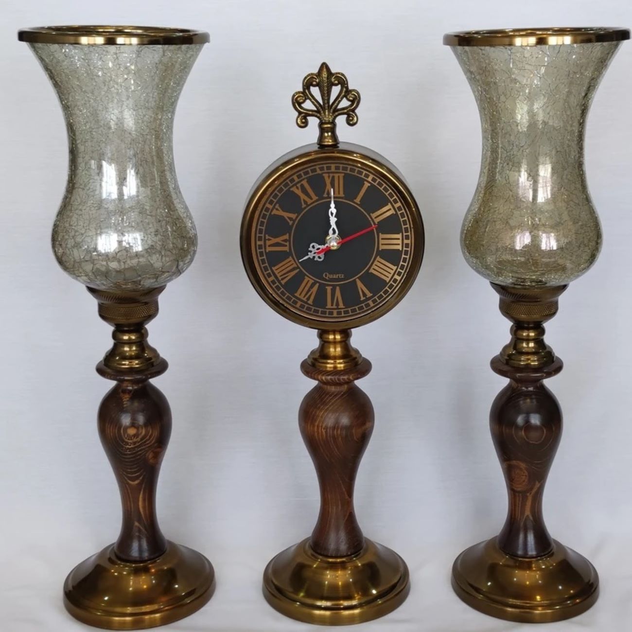 Set of 2 Wooden Design Candle Holders with Desk Clock - Stylish Home ...