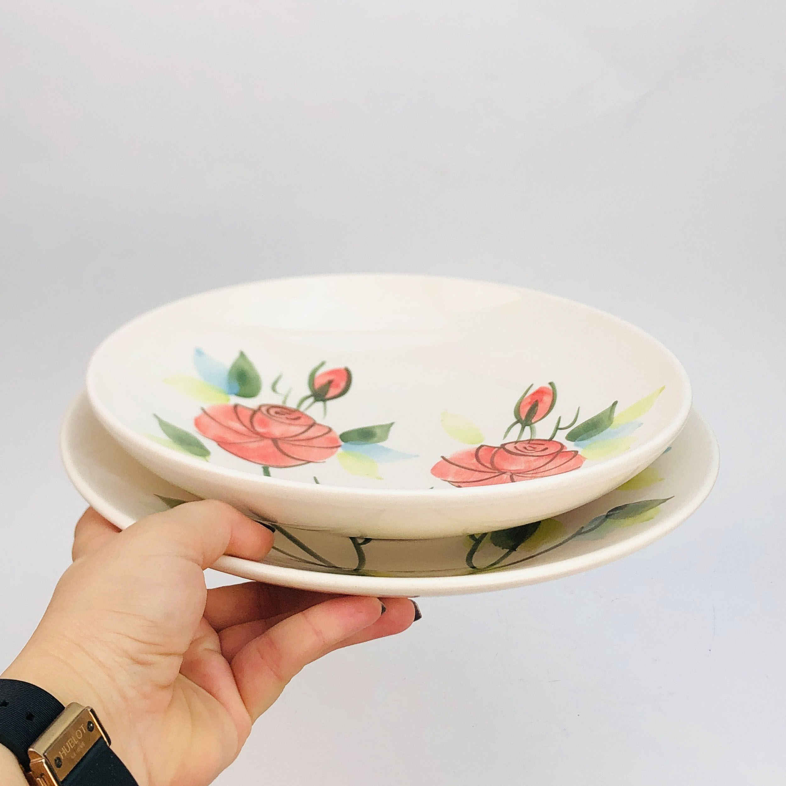 Ceramic Dinnerware Plate & Bowl Set - Rose Pattern, Microwave ...