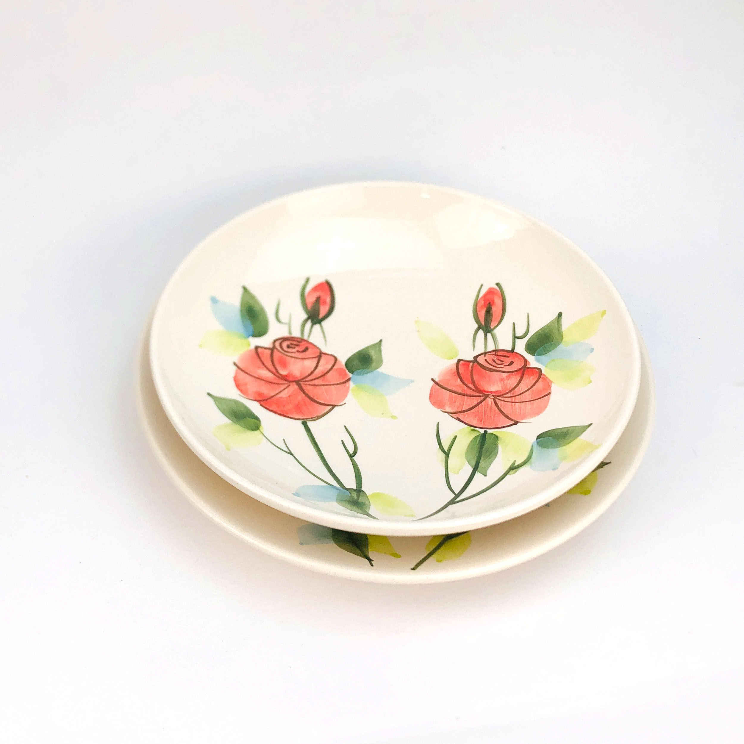 Ceramic Dinnerware Plate & Bowl Set - Rose Pattern, Microwave ...