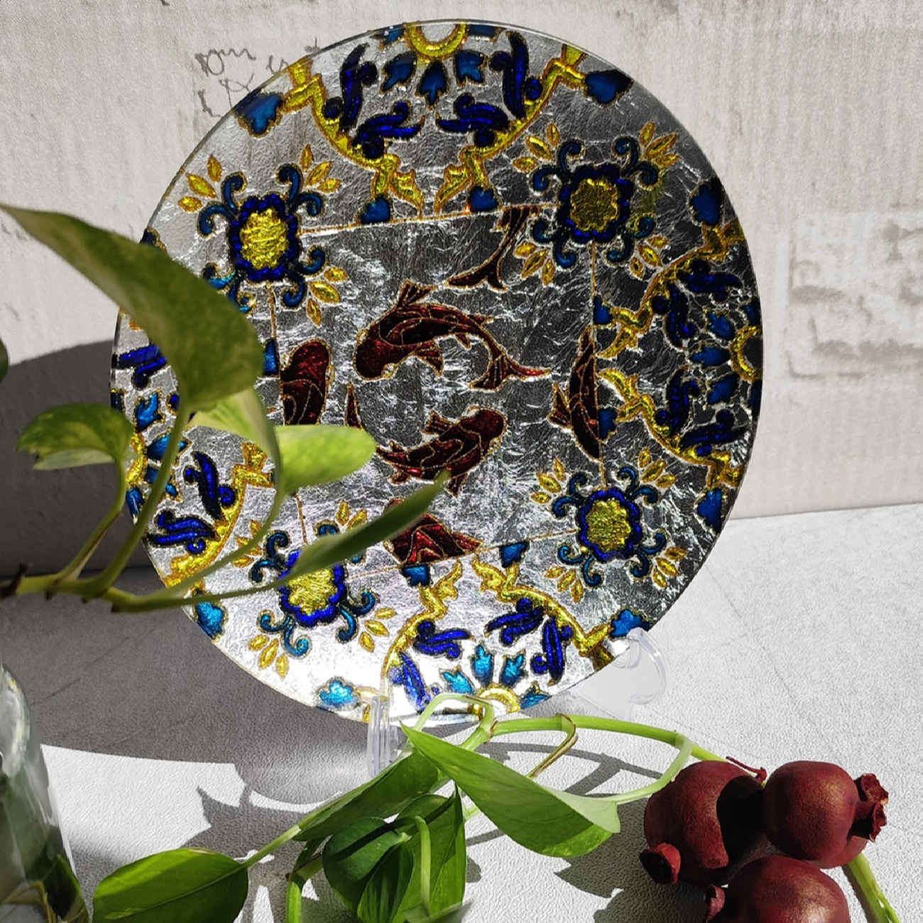 Decorative Glass Plate - Hand-Painted with Vitreous Art & Fish Pond ...
