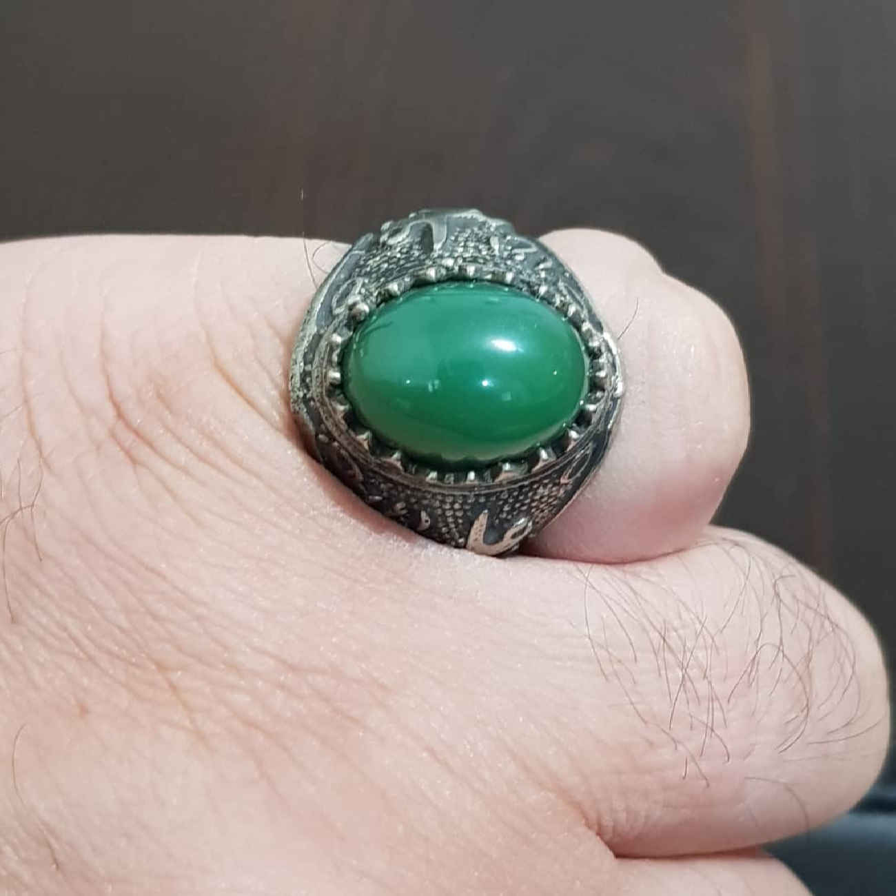 Islamic Yemeni Agate Silver Ring for Men with Green Gemstone & Ya Ali ...