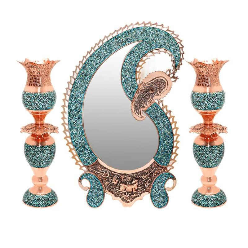 Persian Copper Turquoise Inlay Mirror Frame & Candlesticks, Unique ...