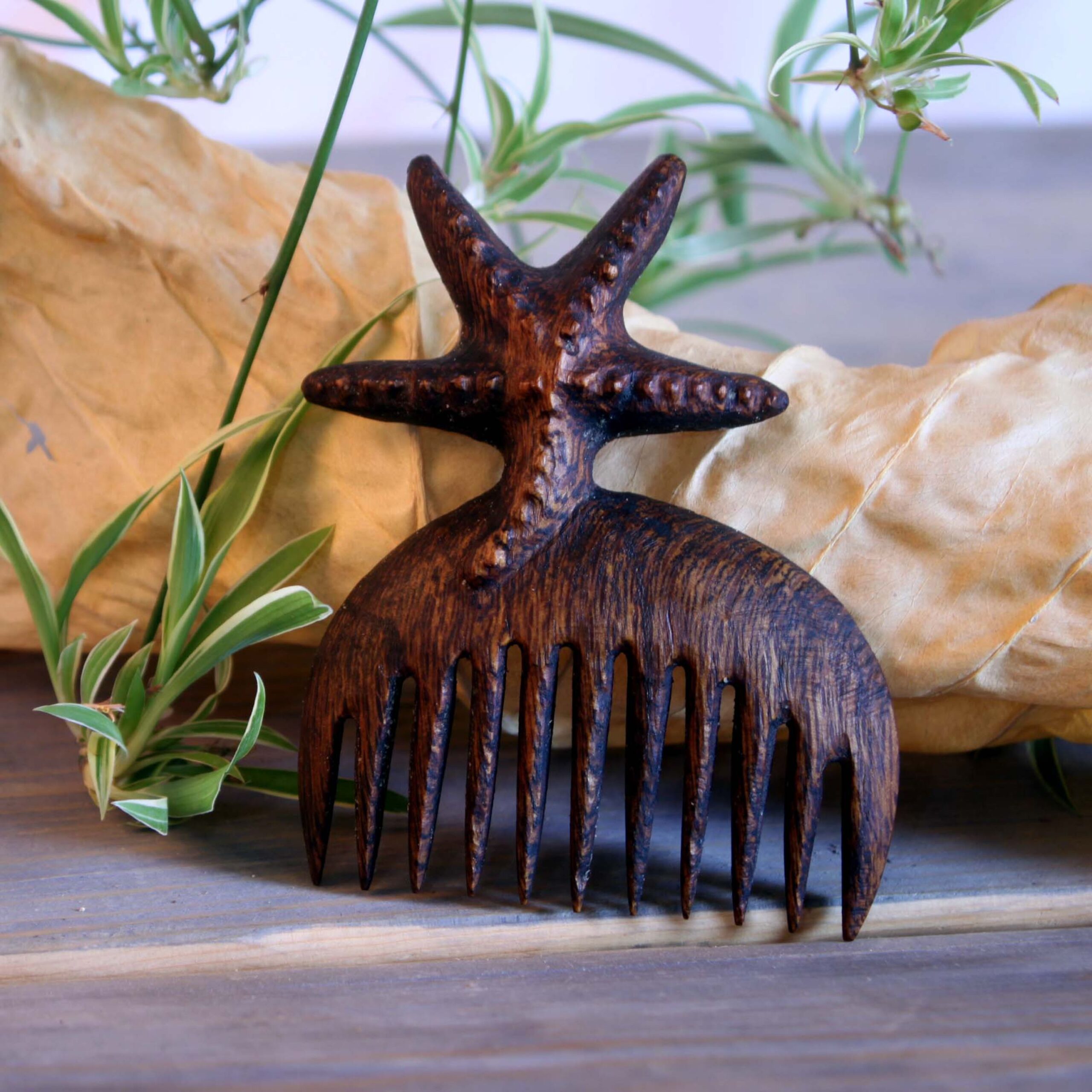 Artisan Hand-Carved Wooden Comb with Delicate Starfish Design - ShopiPersia