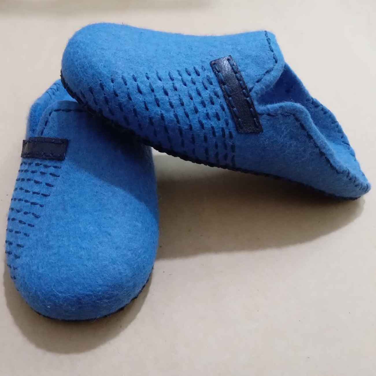Handmade Blue Wool Felt Slippers with Intricate Textured Pattern ...