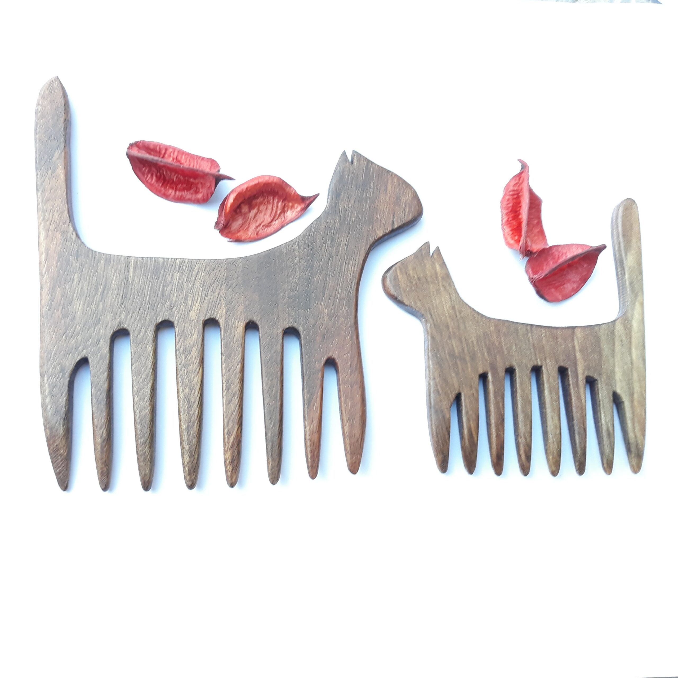 Rustic Hand-Carved Wooden Comb with Cat Design - ShopiPersia