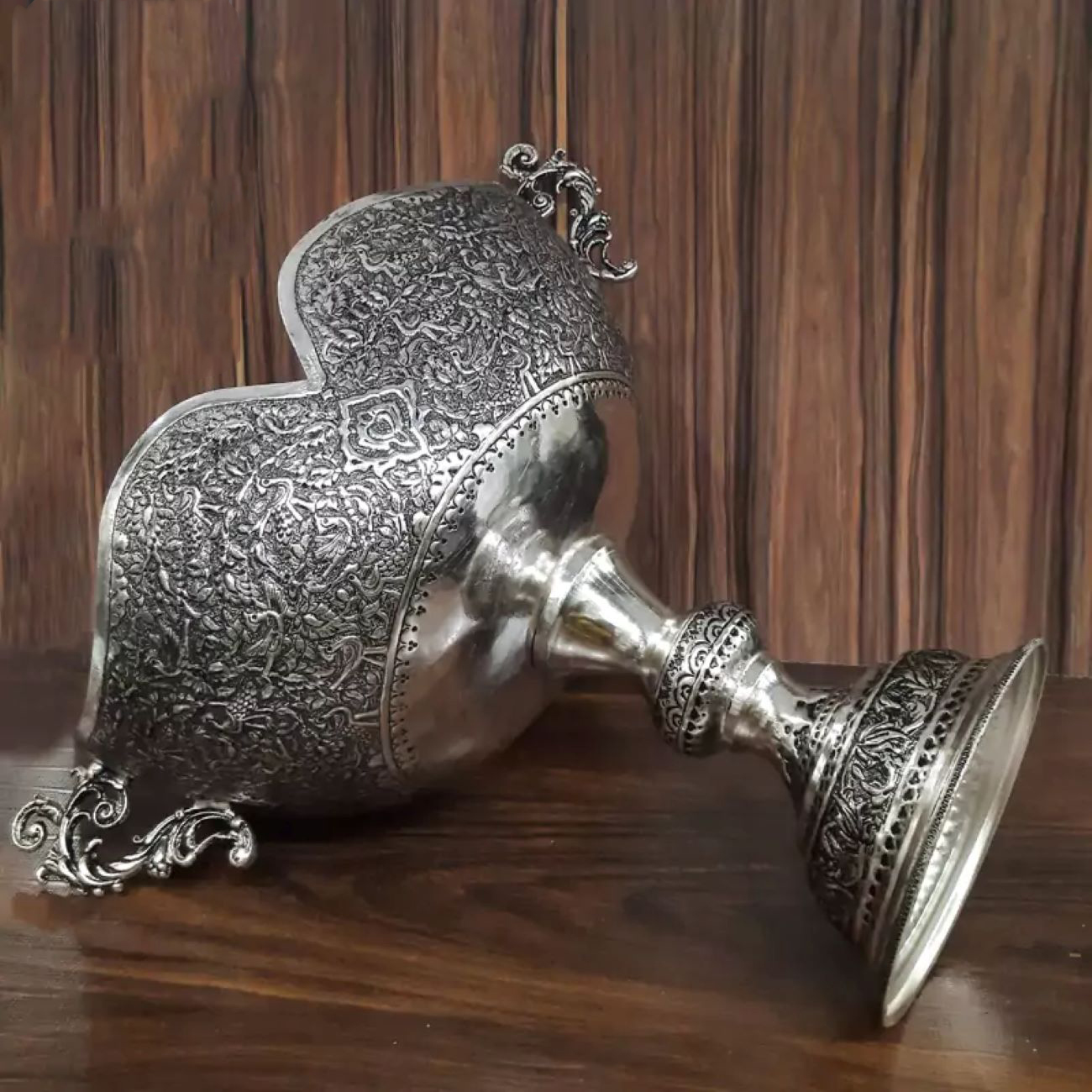 Engraved Brass Bowl with Silver Plating, Unique Flower & Peacock Design ...