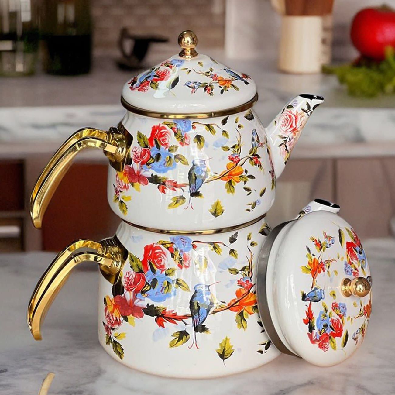 Enamel Teapot and Kettle Set – Floral & Bird Design - ShopiPersia