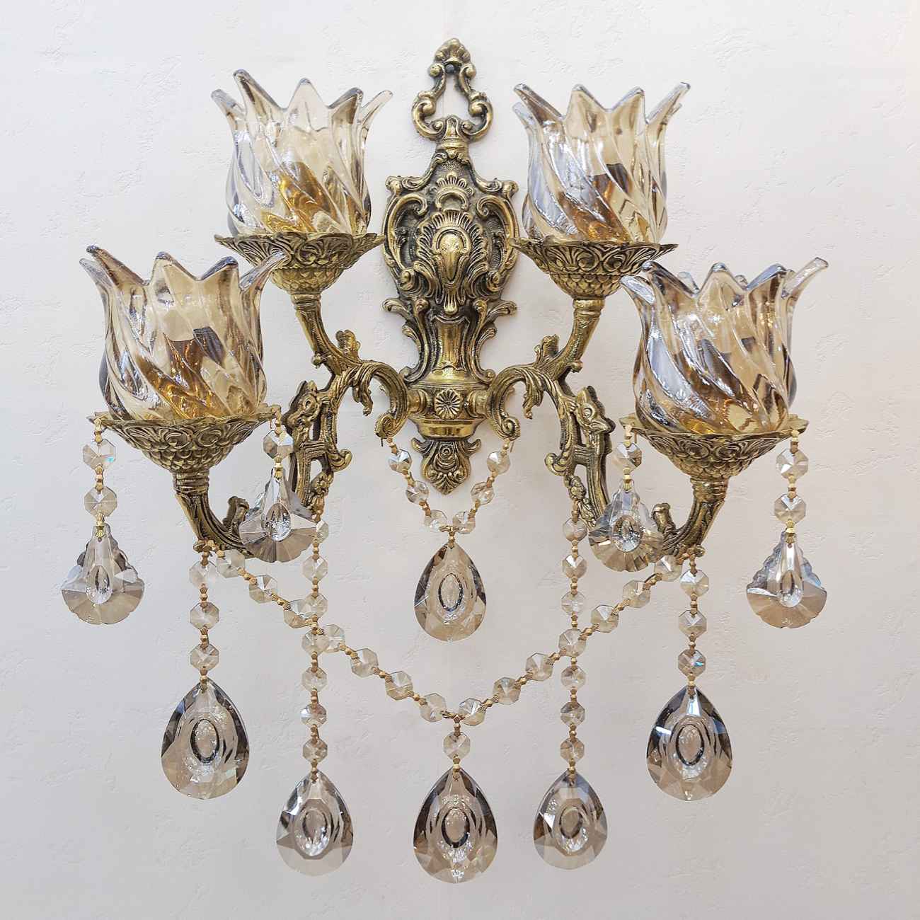 Traditional Solid Brass Wall Sconce – 4 Bulbs, Double Floral Arms ...