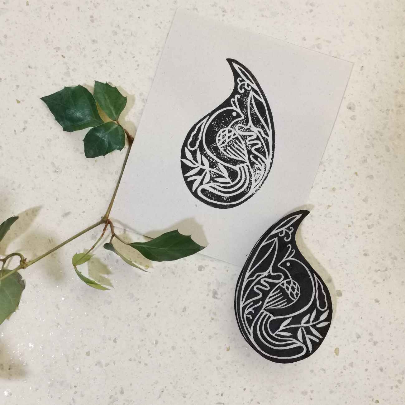 Handmade Bird & Paisley Linoleum Stamp – Perfect for Paper & Fabric ...