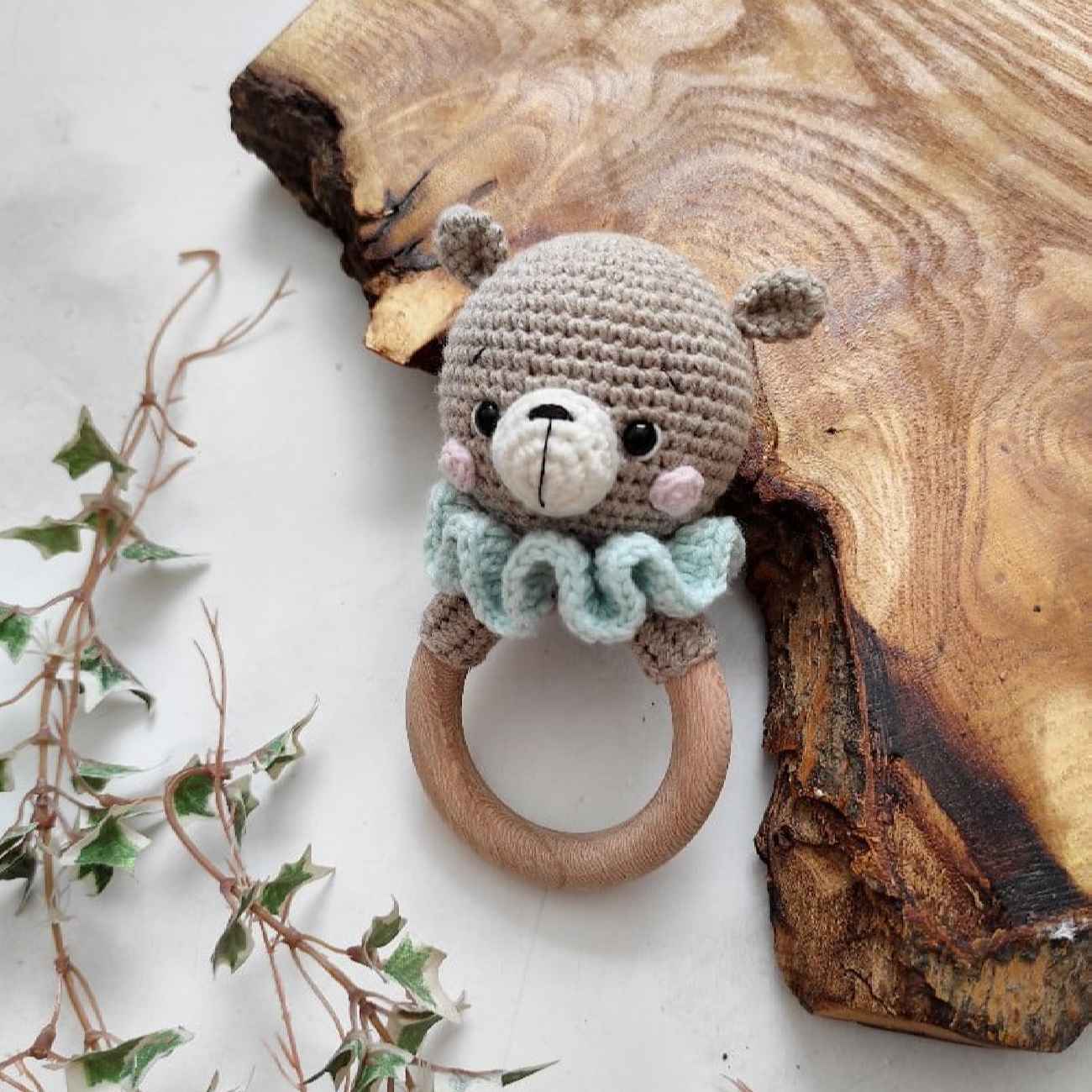 Cute Bear Knitted Baby Rattle with Wooden Handle – Soft, Safe & Fun for ...