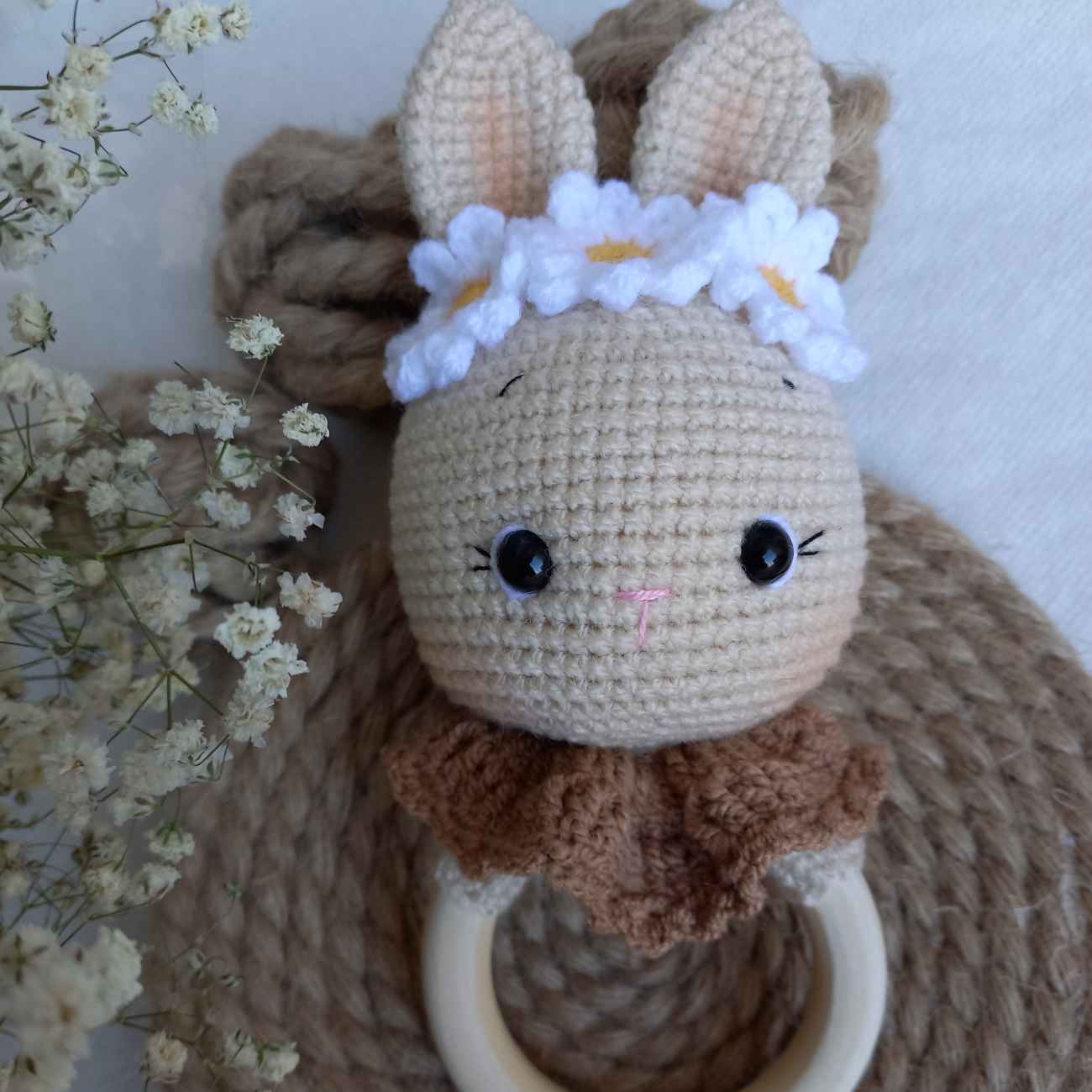 Knitted Baby Rattle with Wooden Handle & Cute Rabbit, Perfect for ...