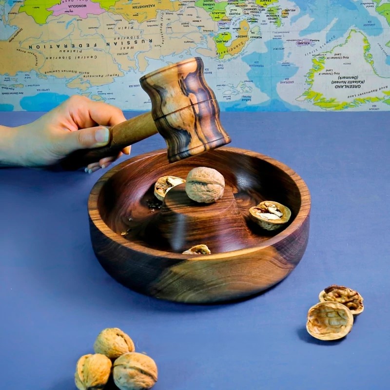 Rustic Walnut Wood Nutcracker – Bowl & Hammer for Walnuts & Hard ...