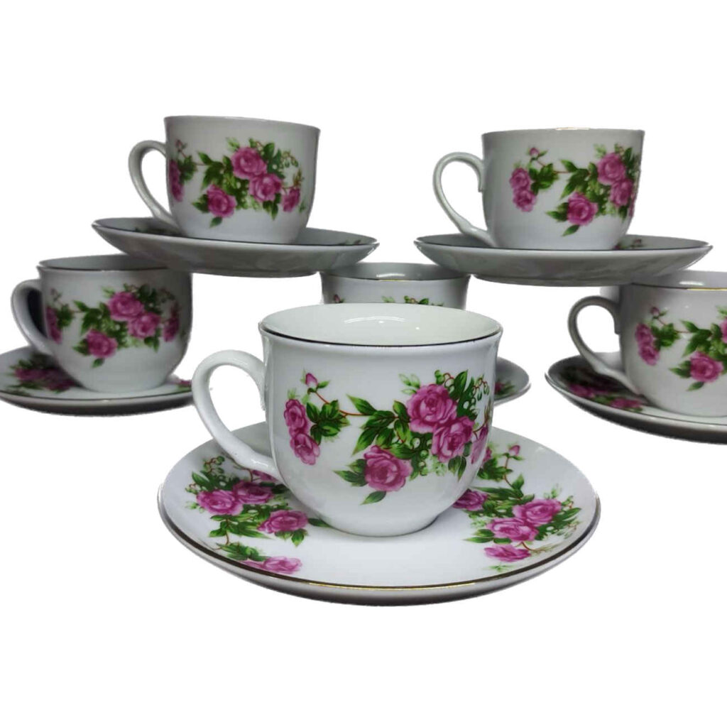 Traditional Ceramic Cup & Saucer Set – 12-Piece with Red Rose Motif ...