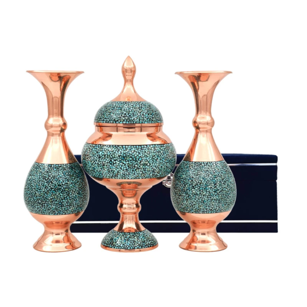 3-Piece Set of Turquoise Inlay Copper Vase and Candy Dish with Velvet ...