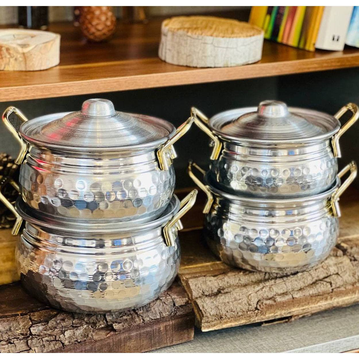 8‑Piece Hammered Aluminum Stock Pot Set – Dual Metal Handle Pots for ...