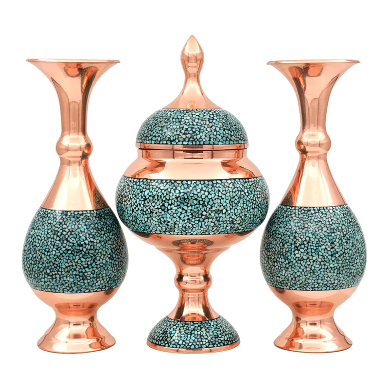 3-Piece Set of Turquoise Inlay Copper Vase and Candy Dish with Velvet ...
