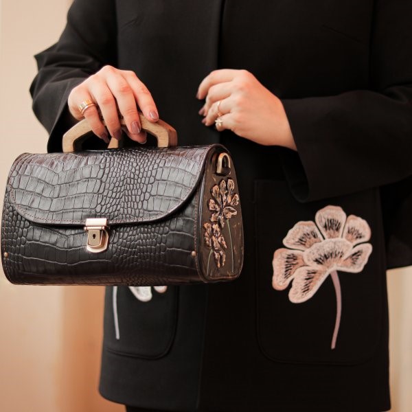 Hand-Painted Black Leather & Wooden Handbag with Floral Design ...
