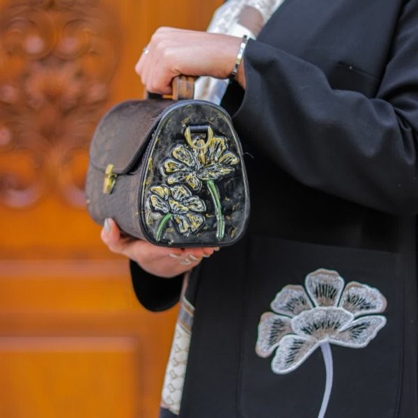 Hand-Painted Black Leather & Wooden Handbag with Floral Design ...