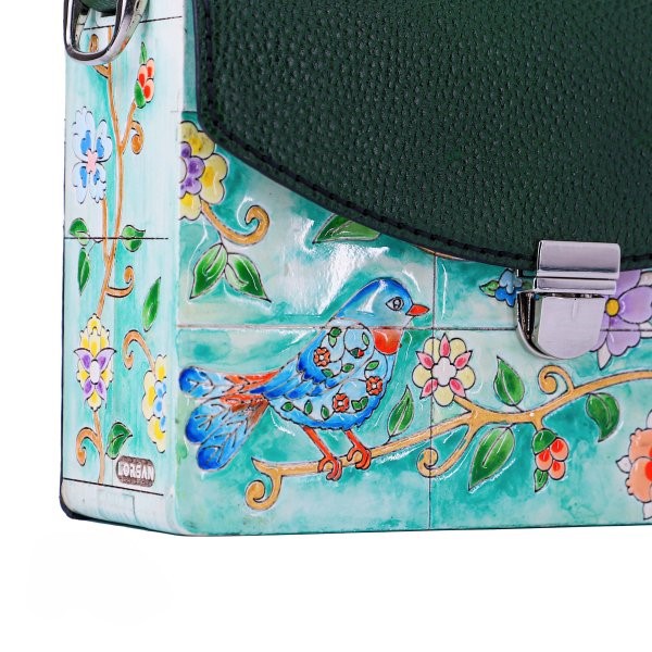 Hand-Painted Wooden & Leather Hand Bag with Floral & Bird Motifs ...