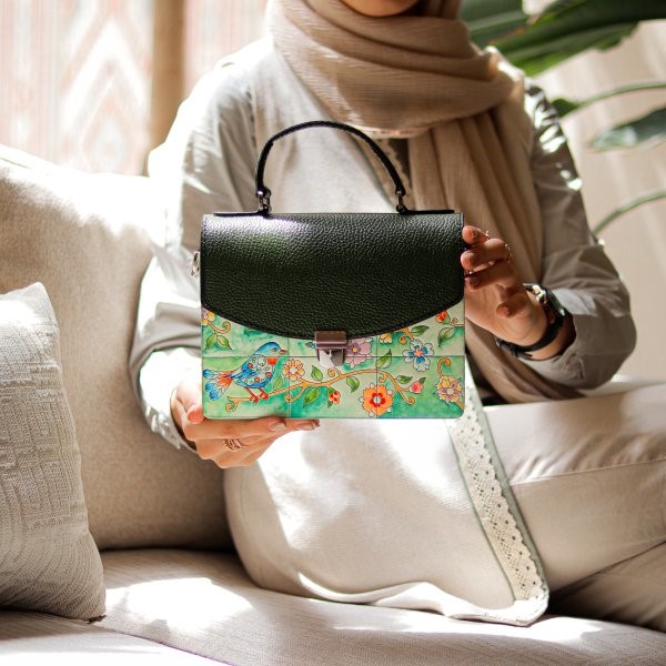 Hand-Painted Wooden & Leather Hand Bag with Floral & Bird Motifs ...