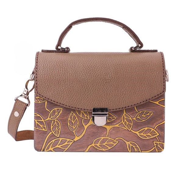Handcrafted Leather & Wood Shoulder Bag – Painted Leaf Artistic Design ...