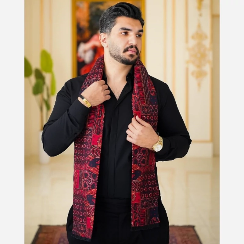 Traditional Iranian Men’s Red Silk Velvet Scarf with Floral and Paisley ...